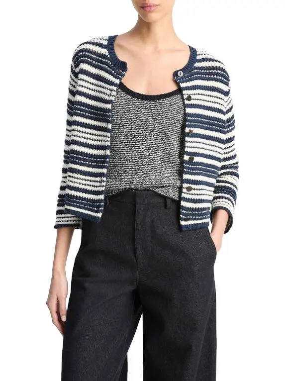 Vince Textured Stripe Cotton Blend Cardigan - Navy/off White
