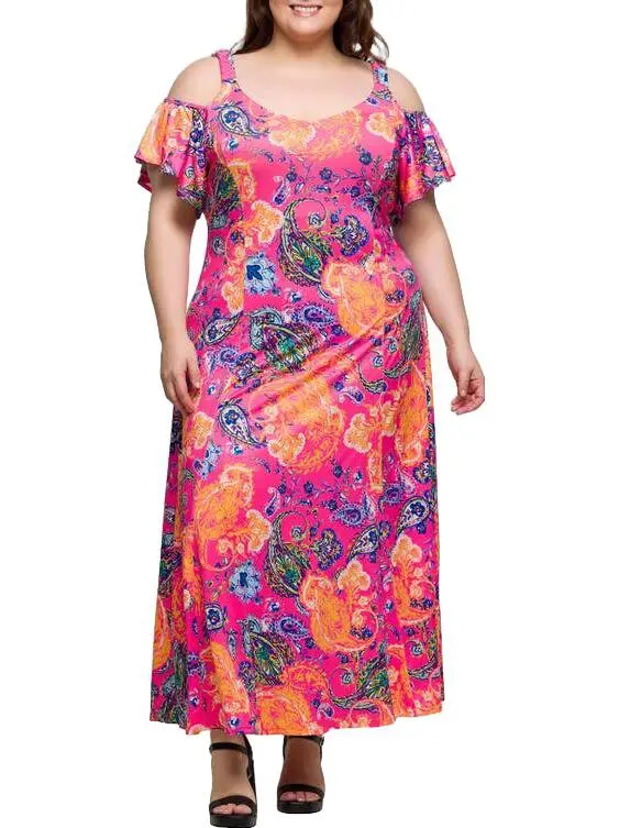 24SEVEN COMFORT APPAREL Printed Cold Shoulder Maxi Dress - Pink Multi
