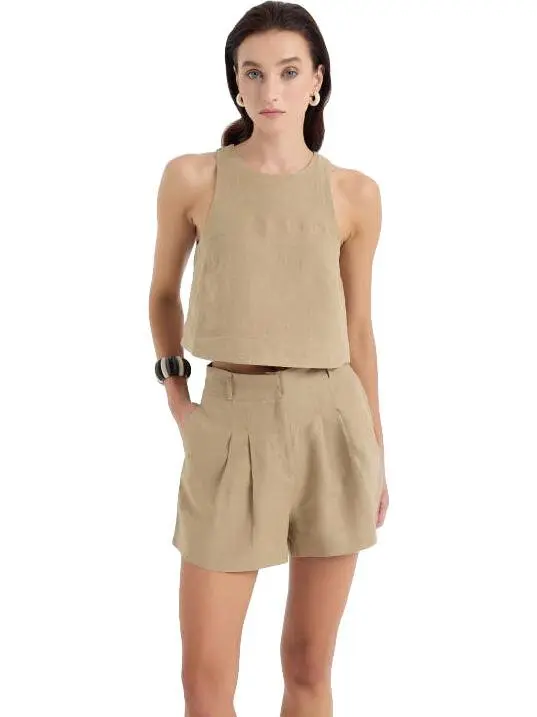 MONLICIA Lena 100% Linen Sleeveless Crop Top - Dark Beige