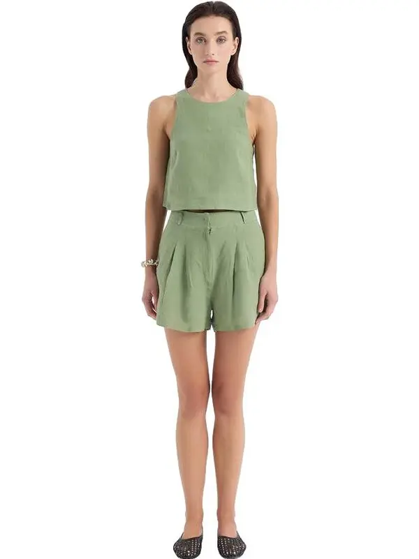 MONLICIA 100% Linen Relaxed Fit High-waist Shorts - Green
