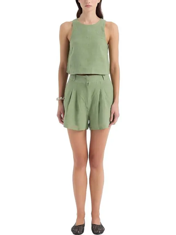 MONLICIA Reve 100% Linen High-waist Pleated Relaxed Fit Shorts - Green