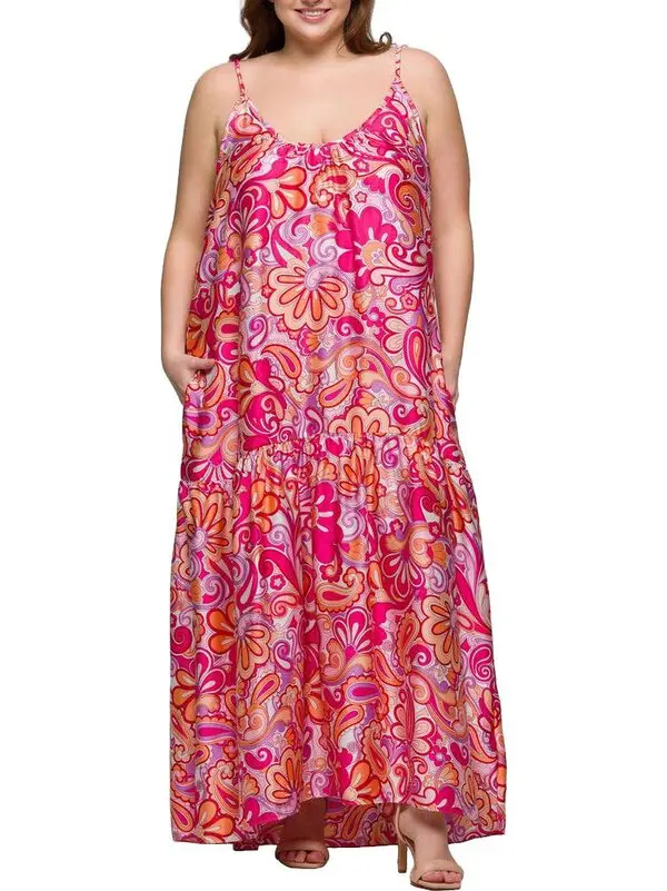 24SEVEN COMFORT APPAREL Printed Jersey Maxi Dress - Pink Multi