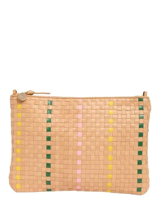 Clare V. Woven Leather Flat Clutch - Bisque Woven Checker W/ Stripe