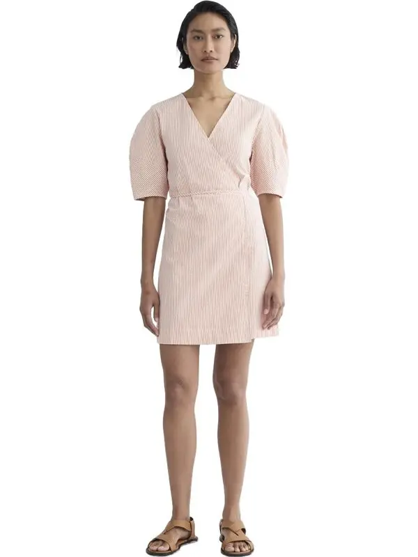 Everlane Seersucker Mini Wrap Dress - Soft Orange/bone White