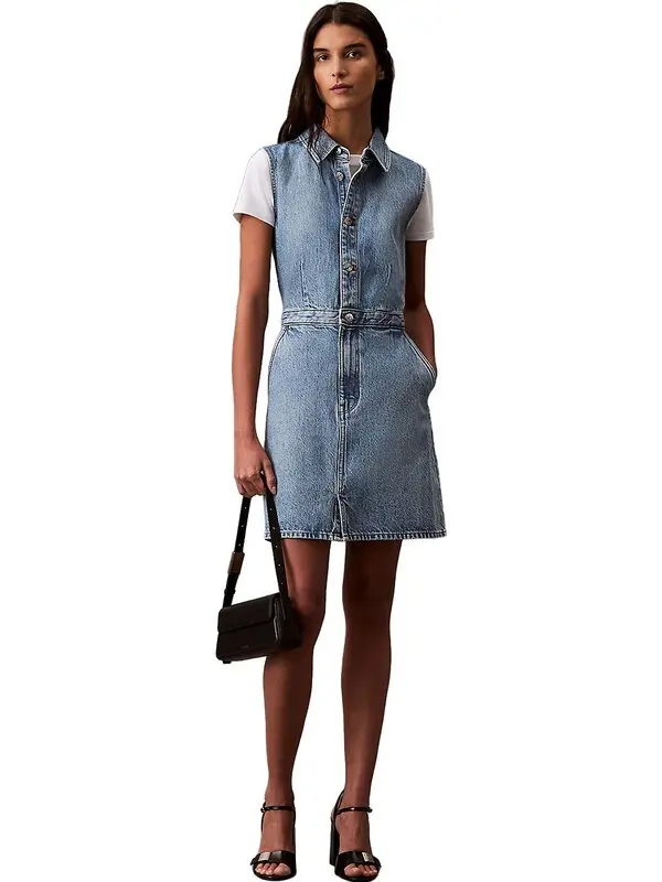 Calvin Klein Sleeveless Denim Shirt Dress - Sage Stone