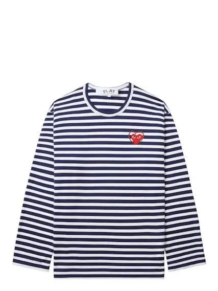 Play Comme Des Garcon Metalstone Heart Striped Long Sleeve Tee Shirt - Navy Blue