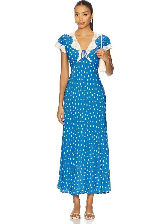 Rixo Amari Dress Polka Dot Crepe - Blue
