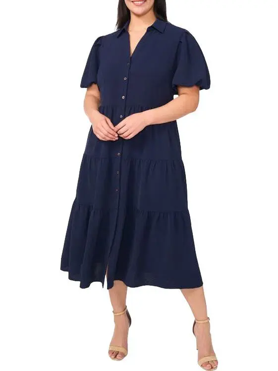 CECE DUPRAZ Puff Sleeve Tiered Shirtdress - Classic Navy