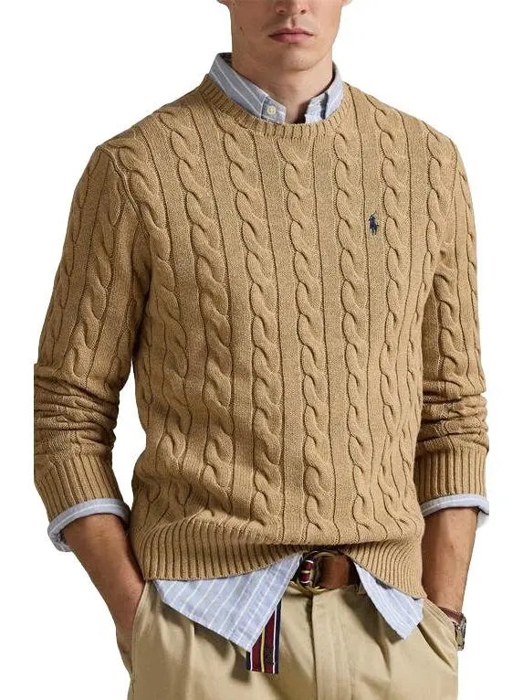 Ralph Lauren Cable Knit Cotton Crewneck Sweater - Camel Melange