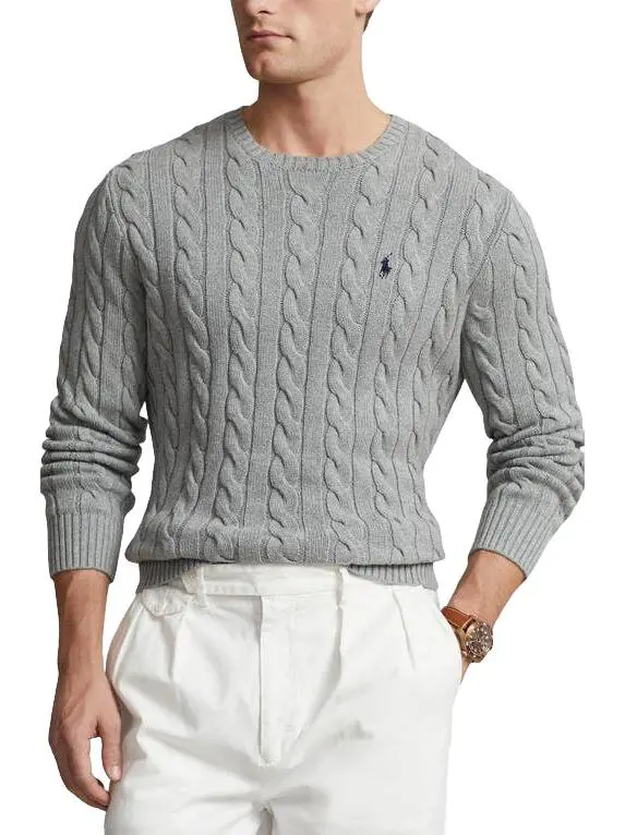 Ralph Lauren Cable Knit Cotton Crewneck Sweater - Fawn Grey Heather