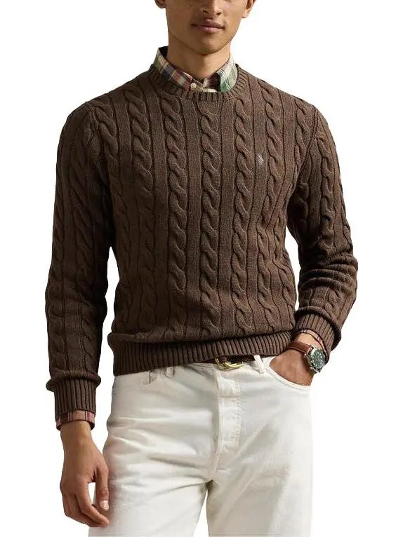 Ralph Lauren Cable Knit Cotton Crewneck Sweater - Nutmeg Brown Heather