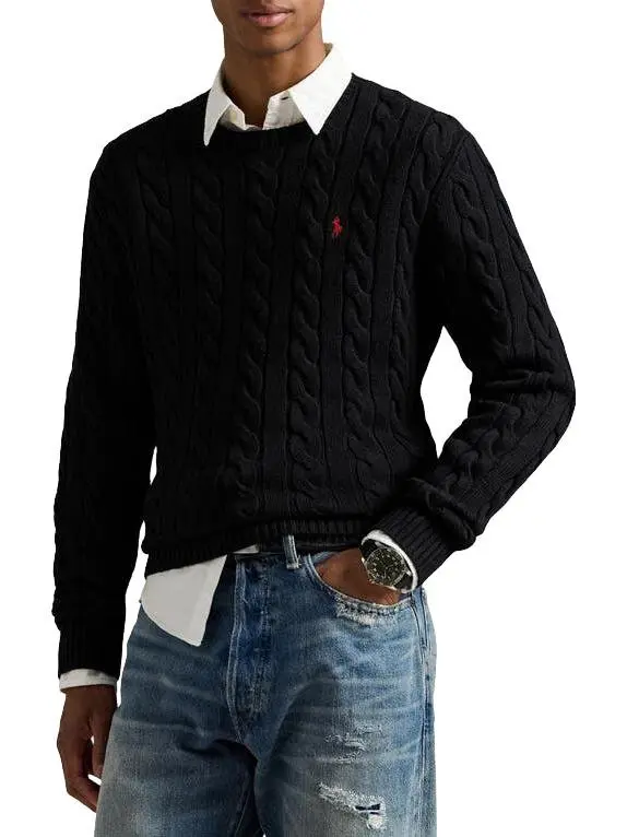 Ralph Lauren Cable Knit Cotton Crewneck Sweater - Polo Black