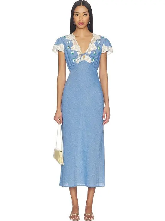 Rixo Polka Dot Maxi Dress With Lace Trim - Bud Embroidery Blue