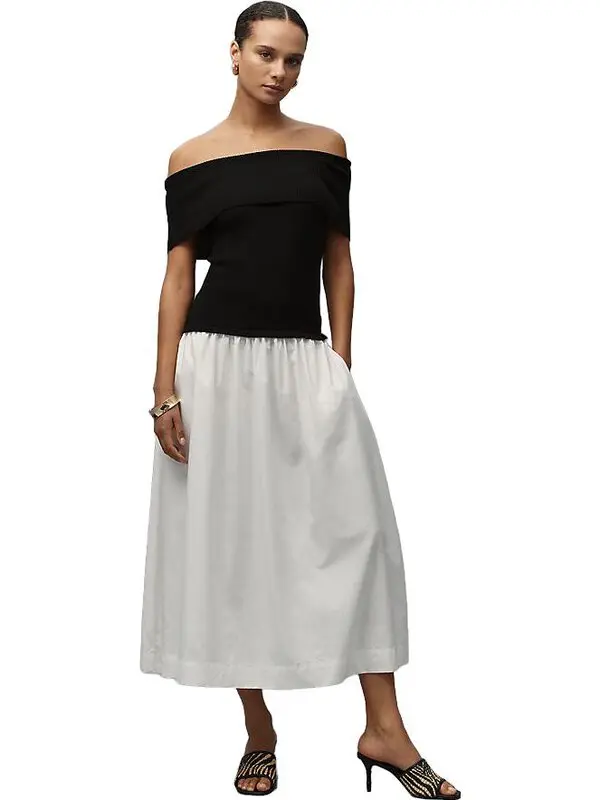Central Park West Darcy Off-the-shoulder Drop-waist Twofer Midi Dress - Black & White Pattern