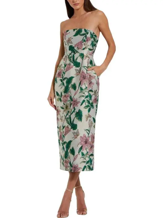 Mac Duggal Strapless Tropical Floral Brocade Fitted Midi Dress - Lily