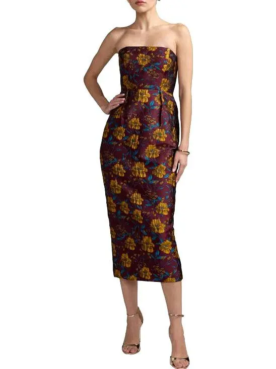 Mac Duggal Strapless Tropical Floral Brocade Fitted Midi Dress - Plum Multi