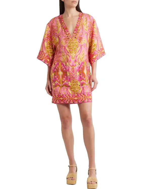 Farm Rio Pineapple Tapestry Studded Linen Shift Dress - Pink