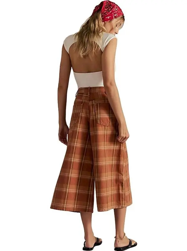 Free People We The Free High Top Wide Leg Crop Plaid Jeans - Rust Plaid