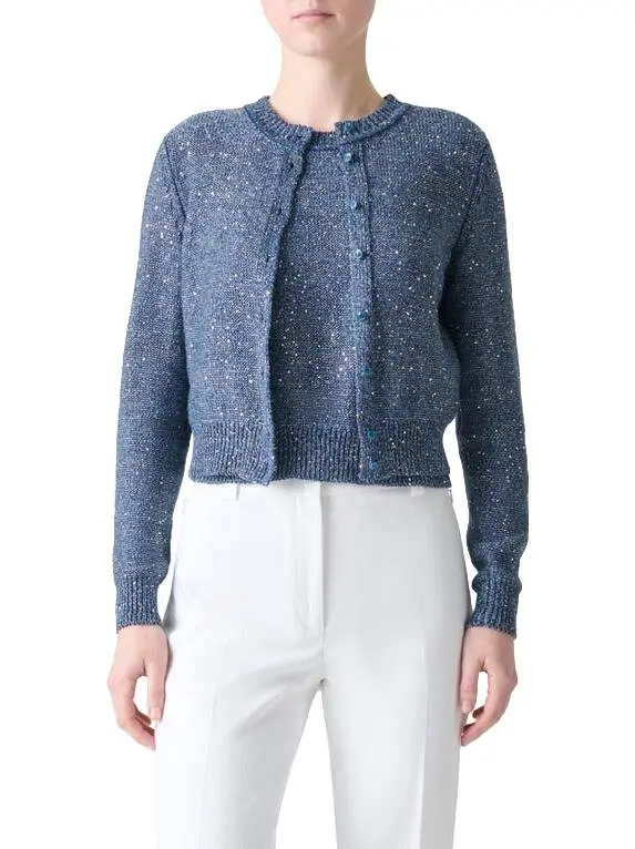 Akris Sequin Knit Linen Blend Cardigan - Granite Blue