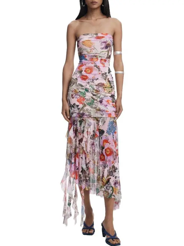 Desigual Ruched Ruffle Hem Asymmetric Maxi Dress - Purple/ Red Multi