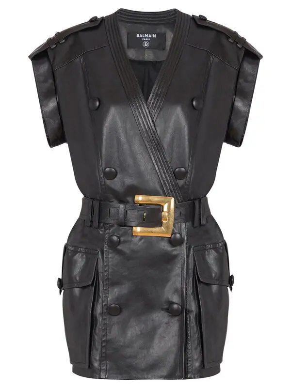 Balmain Leather Double-breasted Mini Dress - Black