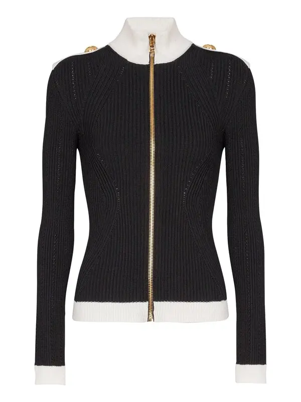 Balmain Contrast Zip-up Cardigan - Black