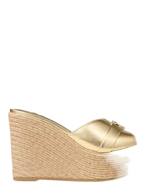 JIMMY CHOO Leda 100 Leather Wedge Sandals - Gold