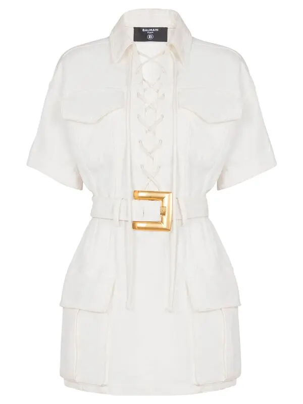 Balmain Belted Cotton Mini Dress - White