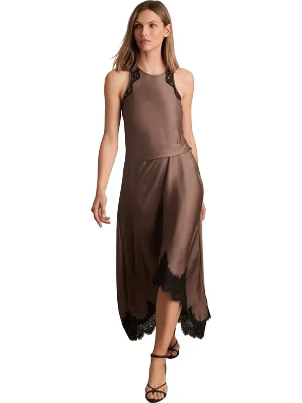 REISS Satin Drape Lace-trim Dress - Mocha Brown