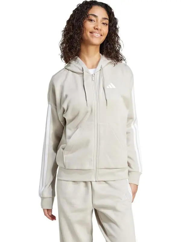 Adidas Essentials 3-stripes Full-zip Fleece Hoodie - Beige / White