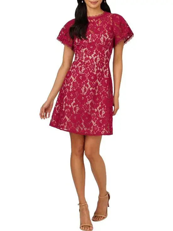 Adrianna Papell Flutter Sleeve Lace Dress - Light Wine