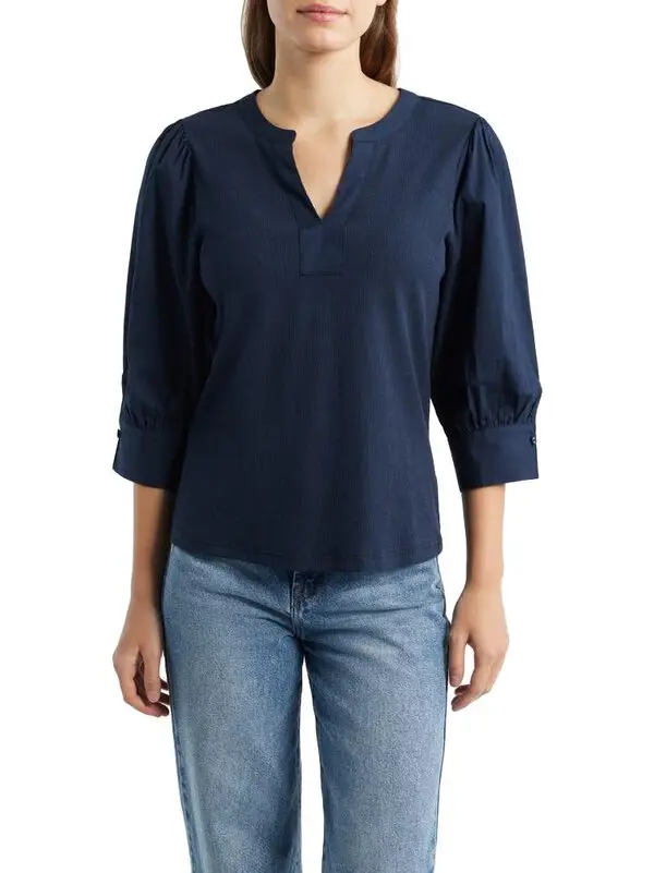 Wit & Wisdom Mixed Media Puff Sleeve Top - Navy