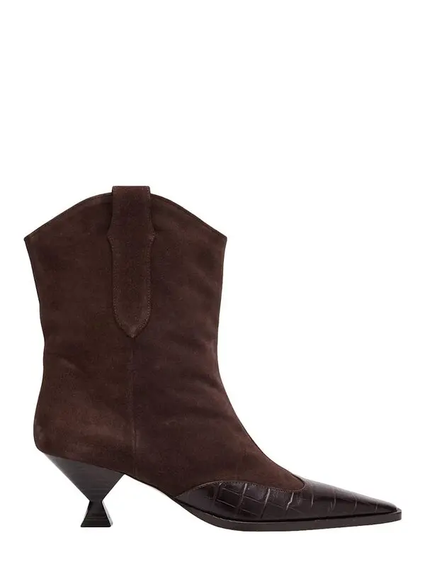 MARIA LUCA Nila Croco Suede Western Ankle Boots - Dark Brown