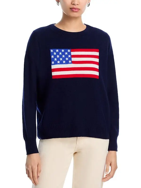 Aqua 100% Cashmere Flag Crewneck Sweater - Peacoat