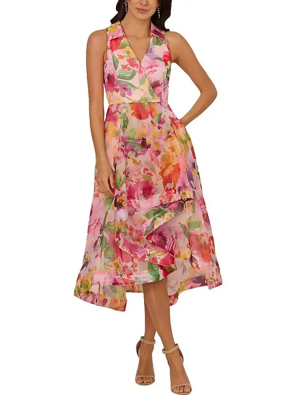 Adrianna Papell Collared Floral Printed High-low Dress - Pink Multi