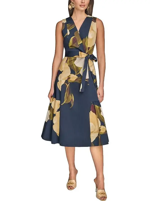 Donna Karan New York Floral Sateen Tie Waist Dress - Ink Multi