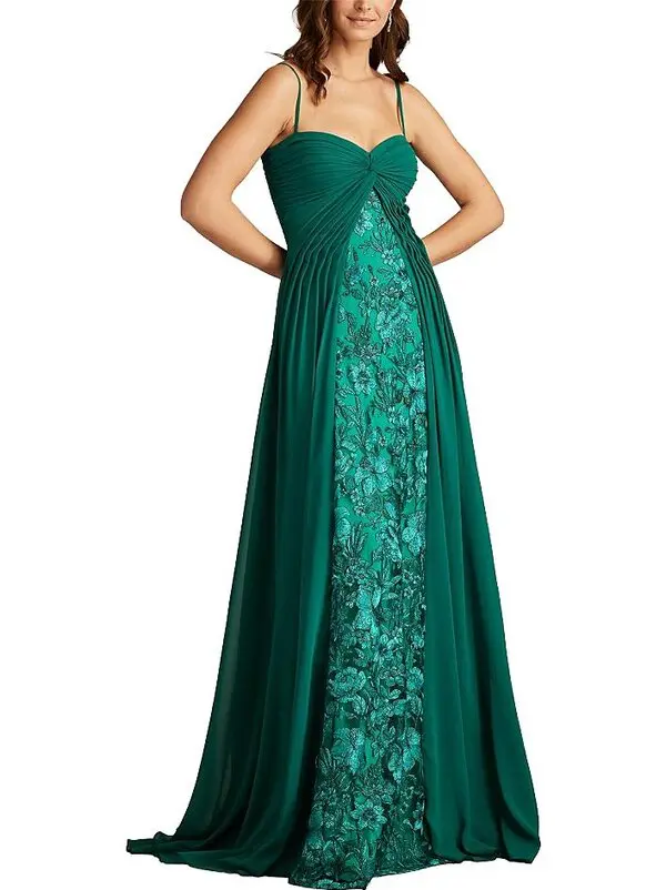 Tadashi Shoji Monte Chiffon Overlay Embroidered Gown - Green