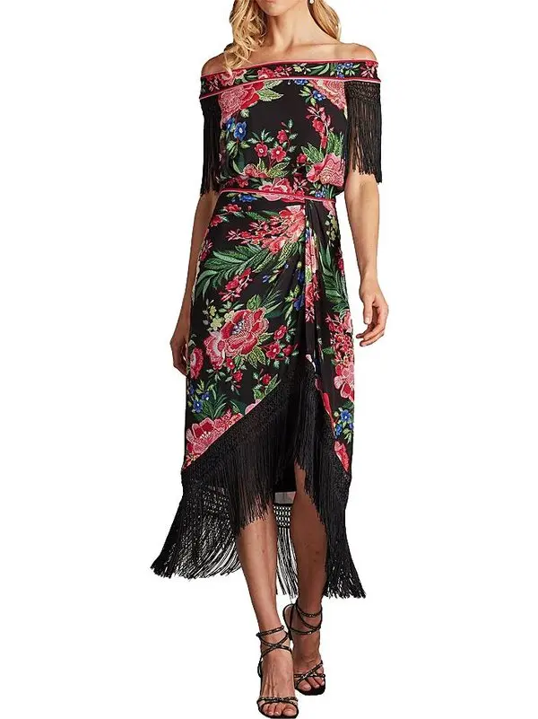 Tadashi Shoji Kaiser Floral Fringe Midi Dress - Black
