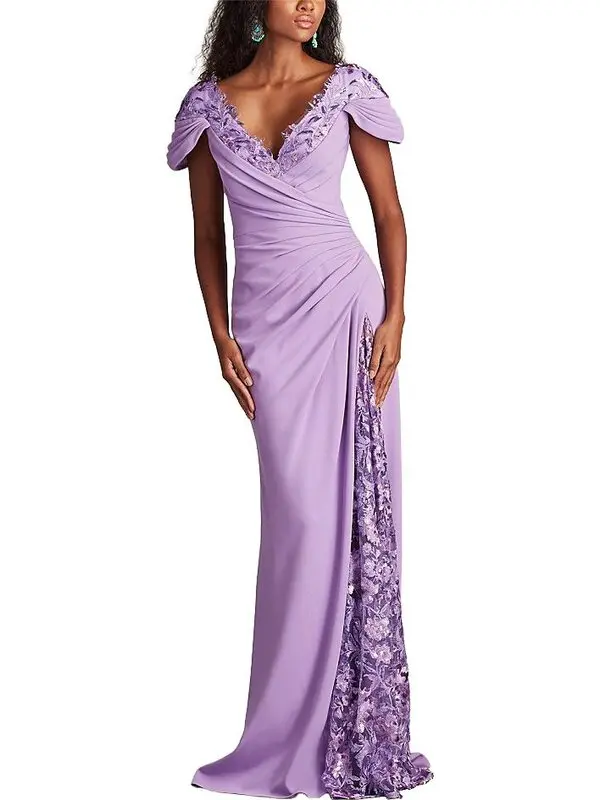 Tadashi Shoji Draped Crepe And Sequin Embroidered Gown - Purple
