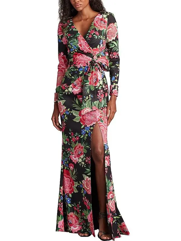Tadashi Shoji Floral Print Wrap Gown - Black