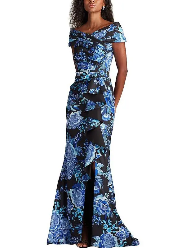 Tadashi Shoji Leticia Floral Flounce Gown - Bla