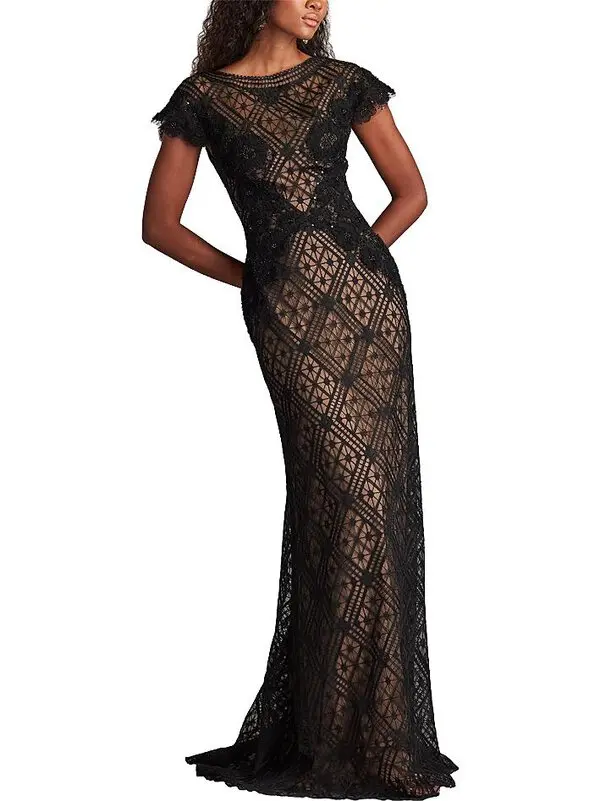 Tadashi Shoji Jasi Embroidered Illusion Gown - Black