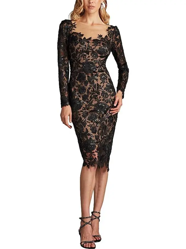 Tadashi Shoji Senoia Sequin Embroidered Illusion Dress - Black/nude