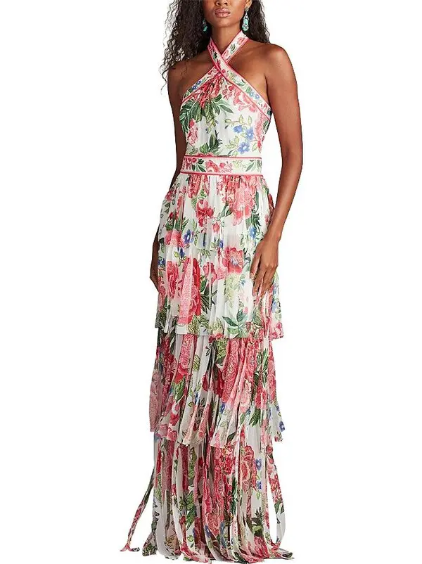 Tadashi Shoji Somaya Floral Print Gown With Fringe - White