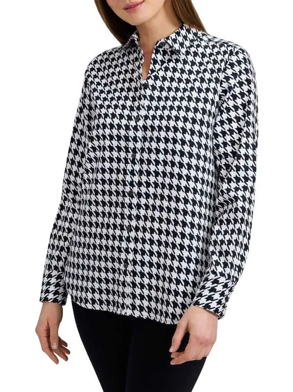 Foxcroft Houndstooth Cotton Button-up Shirt - Black/ White
