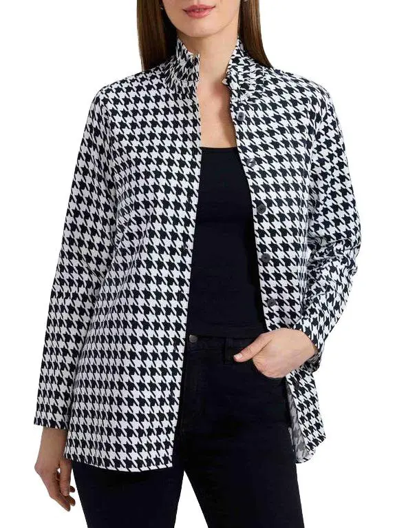 Foxcroft Cotton Houndstooth Print Button-up Shirt - Black/ White