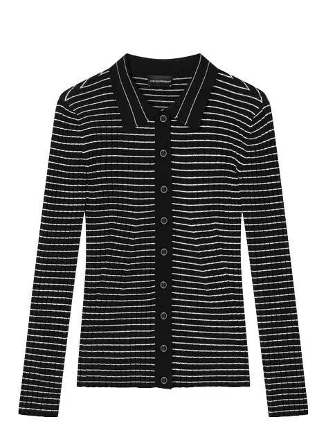 Emporio Armani Ribbed Cardigan With Striped Motif - Black