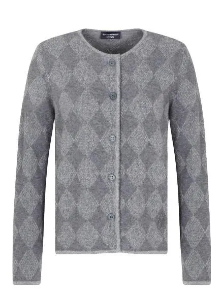 Emporio Armani Icon Wool-blend Cardigan With Plated Diamond Motif - Black / White / Pink / Gray