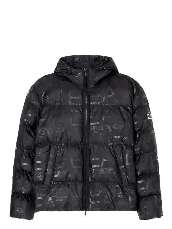 Emporio Armani Padded Hooded Jacket With Logo Print - Black