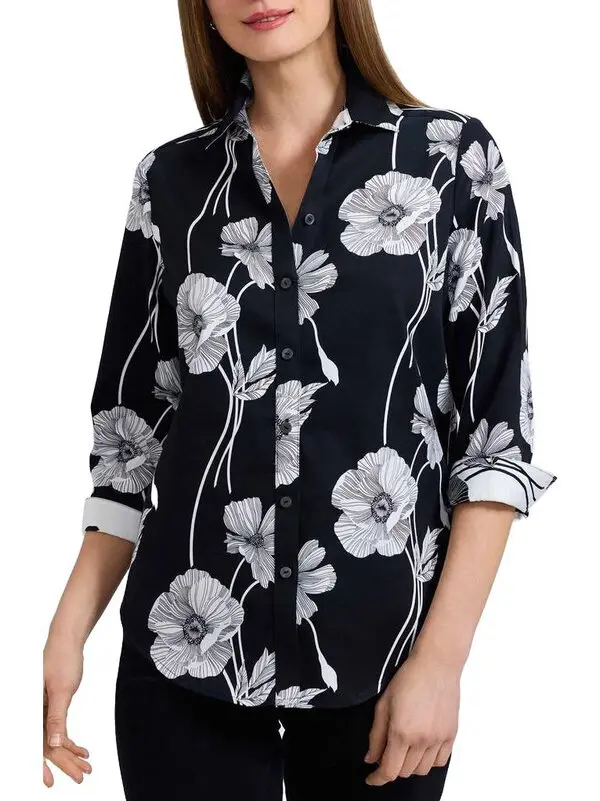 Foxcroft Marina Poppy Print Button-up Shirt - Black/ White
